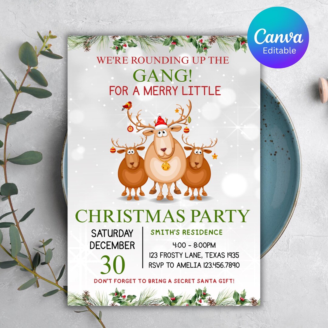 Editable Reindeer Christmas Party Invitation, We're Rounding up the ...