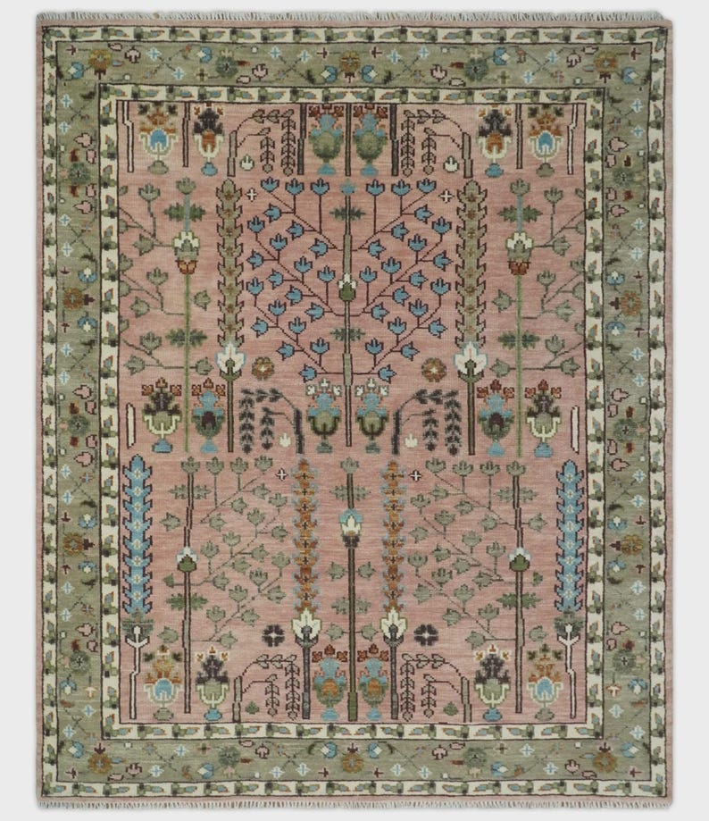 Hand Knotted Wool Rug: Pink & Olive Tree of Life, Vintage Persian Style ...