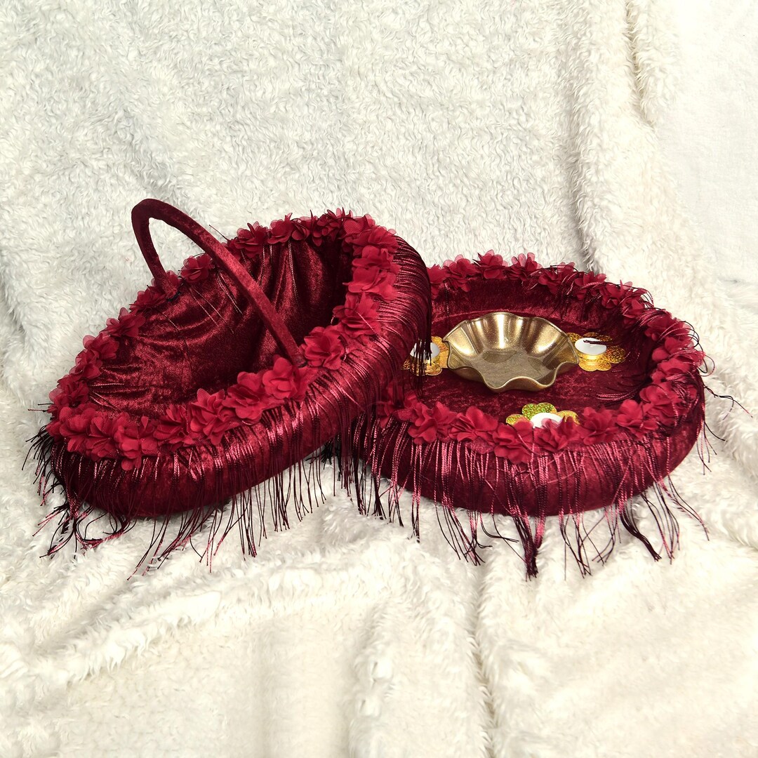 Burgundy Velvet Henna Tray & Basket Set: Lace Flowers, Tassel Details ...