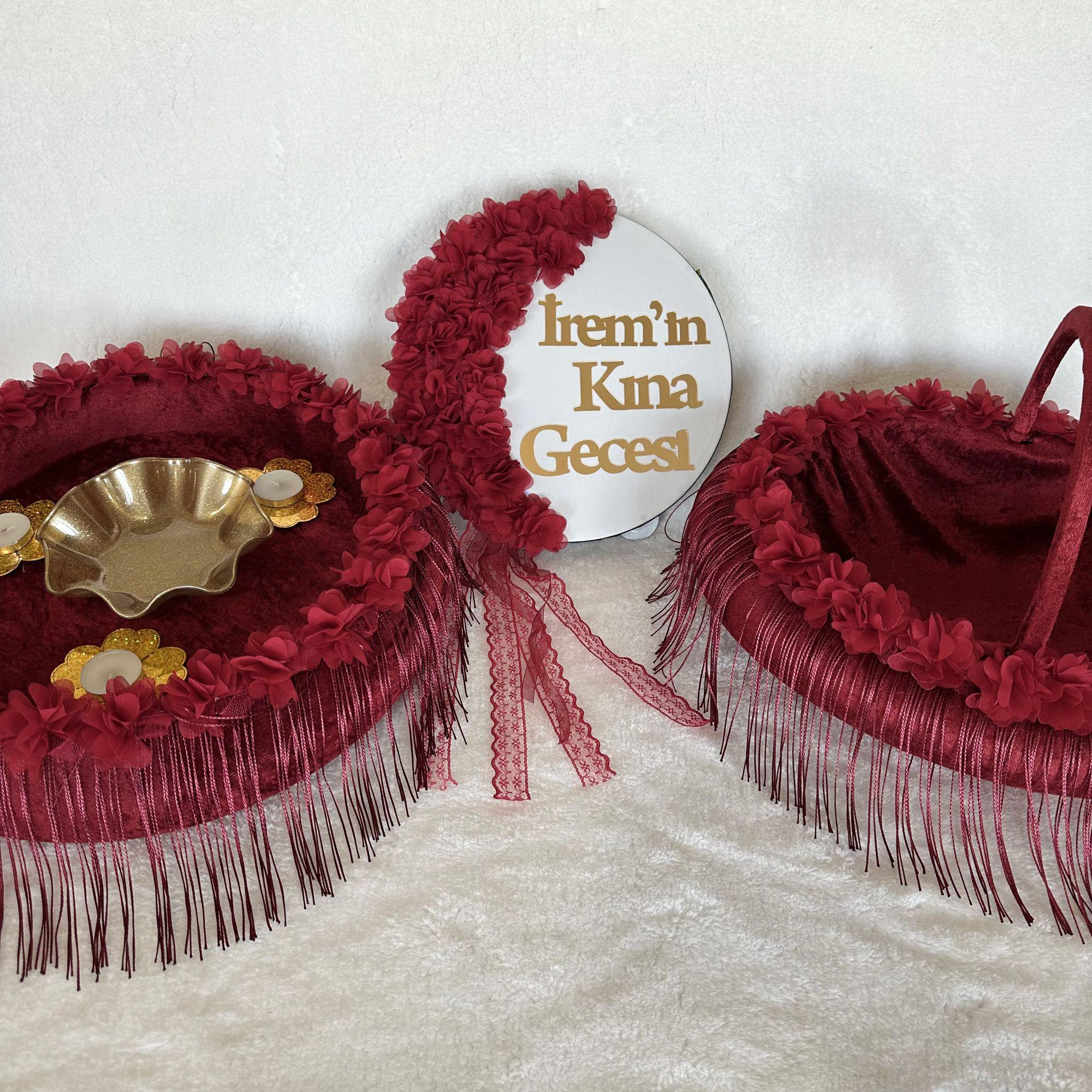 Burgundy Velvet Henna Night Set: Tray, Basket & Personalized Tambourine ...