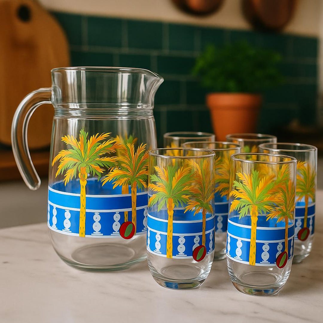 Vintage Glass & Pitcher Set With Palm Tree Motif – Retro 70s/80s Set ...