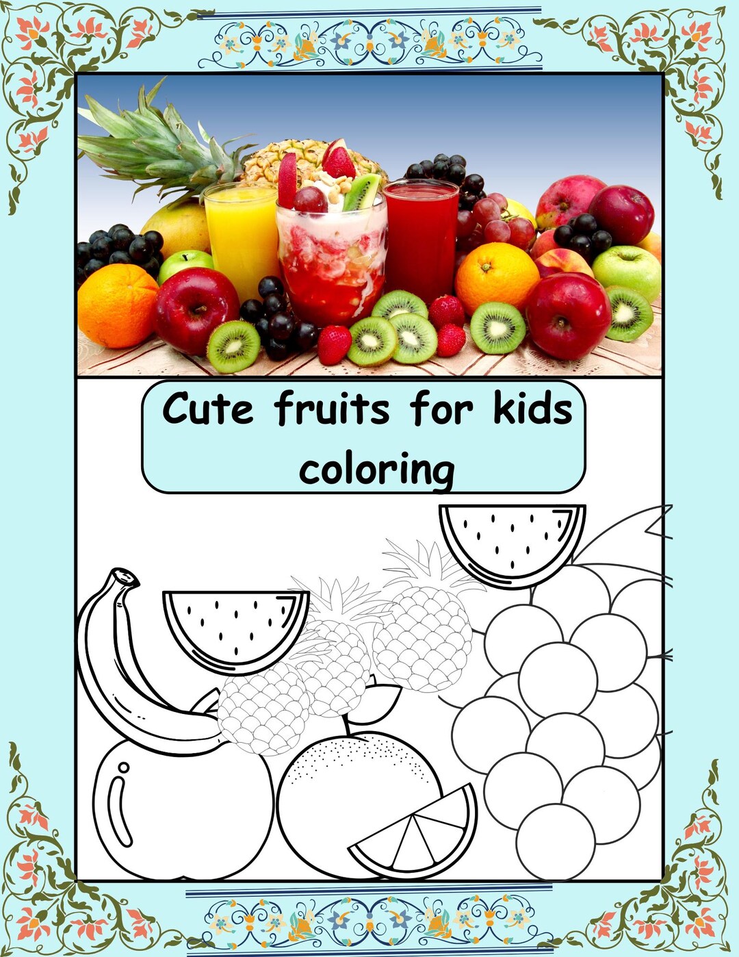 Fruit Coloring Page for Kids | Printable Coloring Sheet| Cute Fruit ...