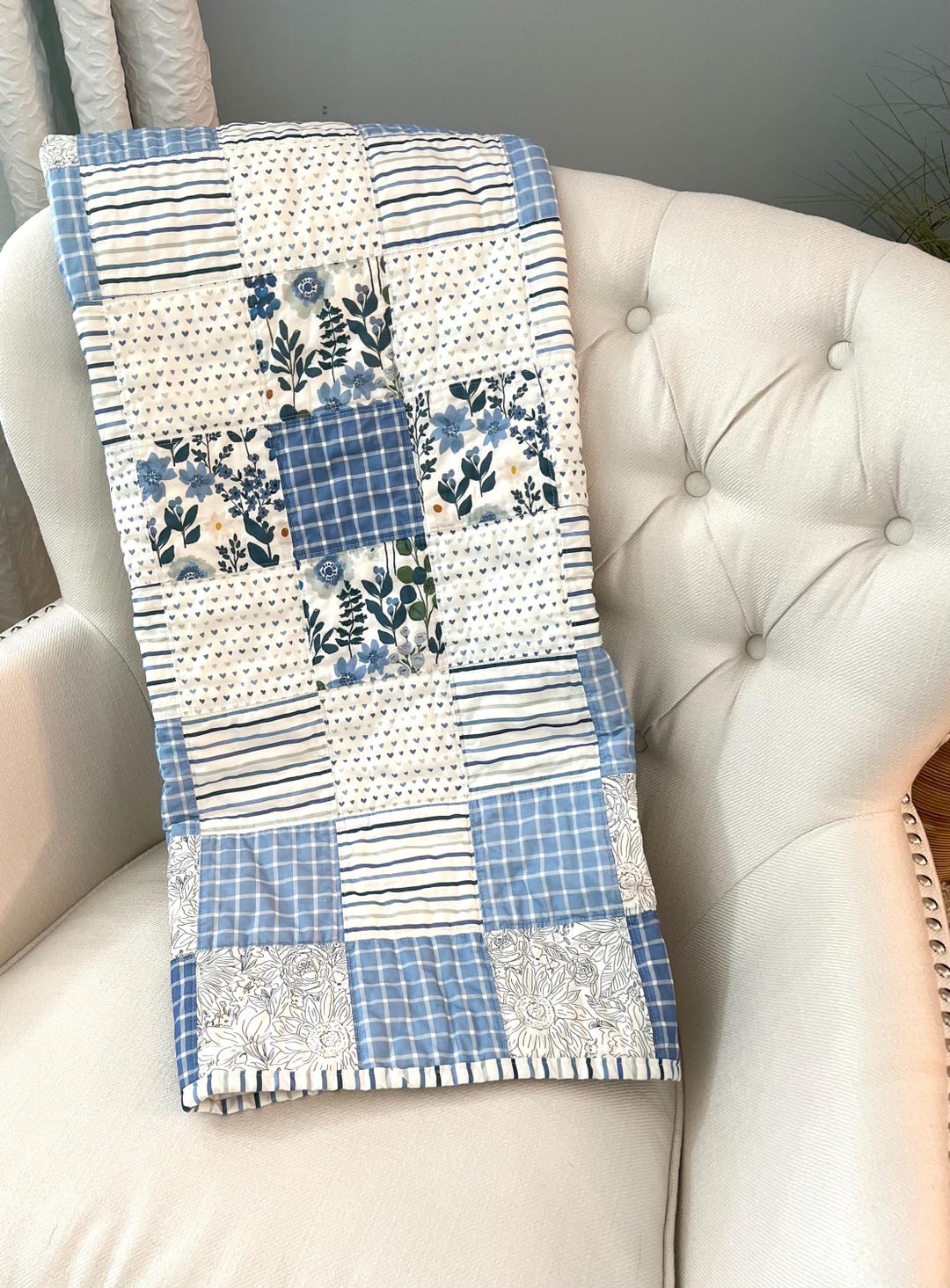 Blue and White Baby Quilt, Handmade Blue Patchwork Baby Quilt, Homespun ...
