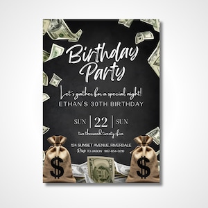 Money Birthday Party Flyer: Cash Theme 30th Invite, Adult Celebration ...