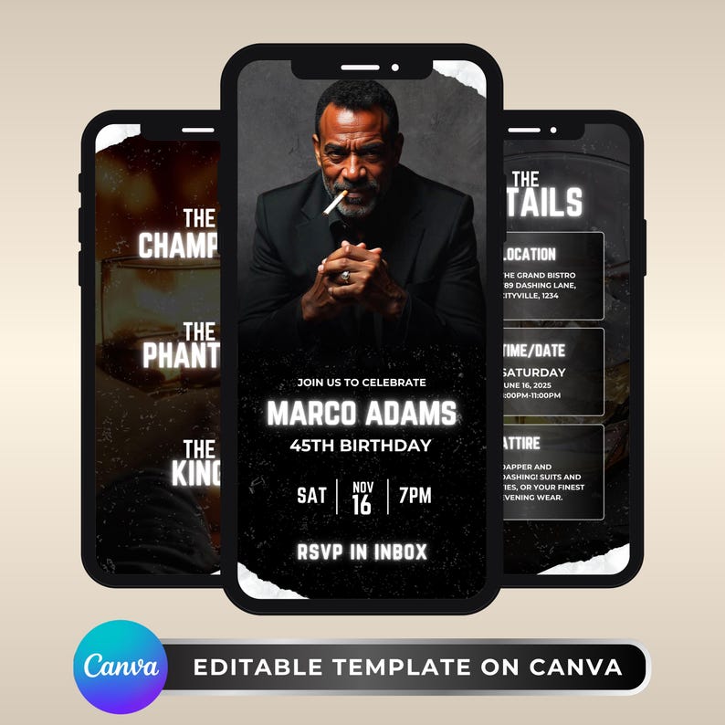 Animated Birthday Invitation: Men’s Party Video Evite, Black & Gold ...