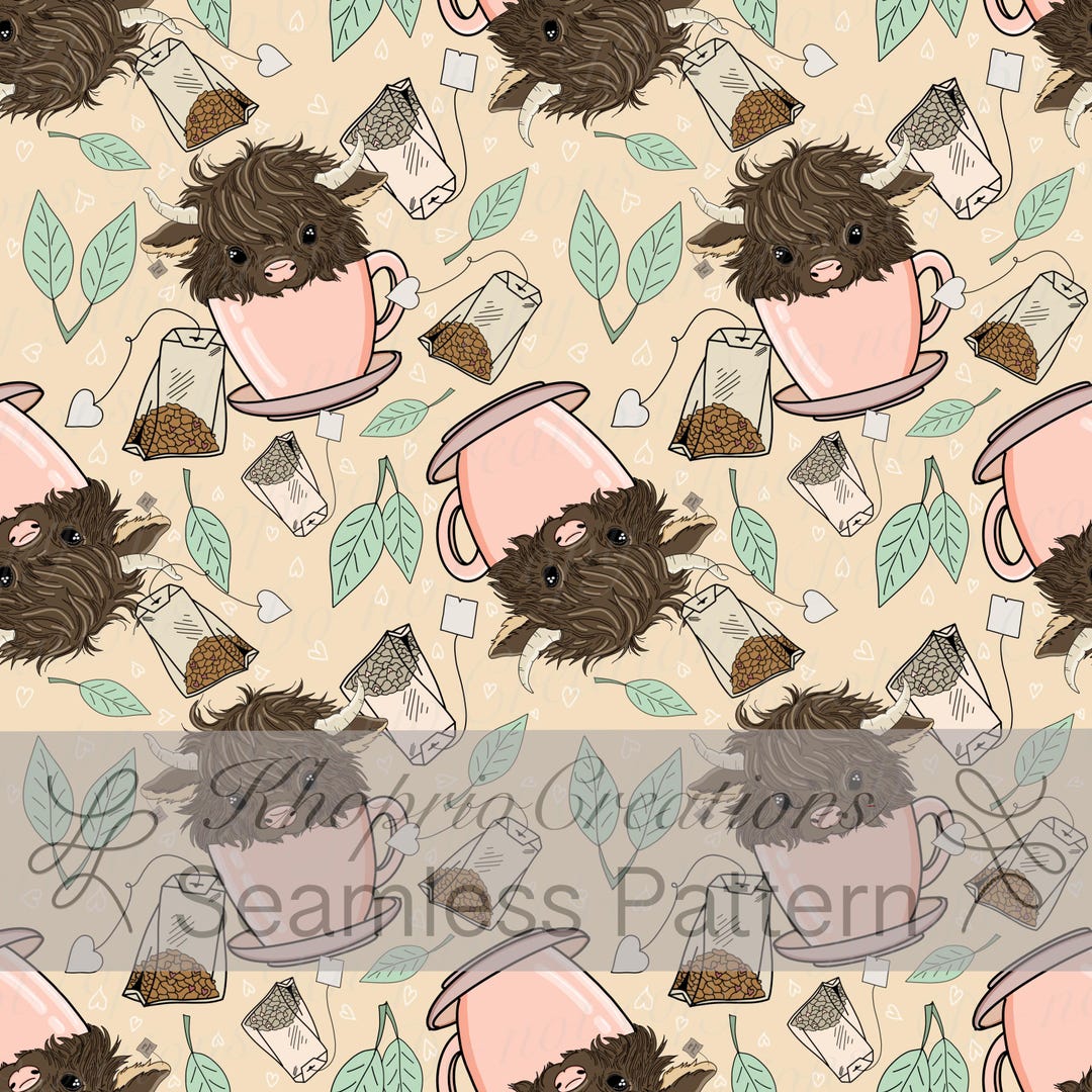 Highland Cow, Tea Time, Cottage Core, Seamless Pattern, Tea Cow ...