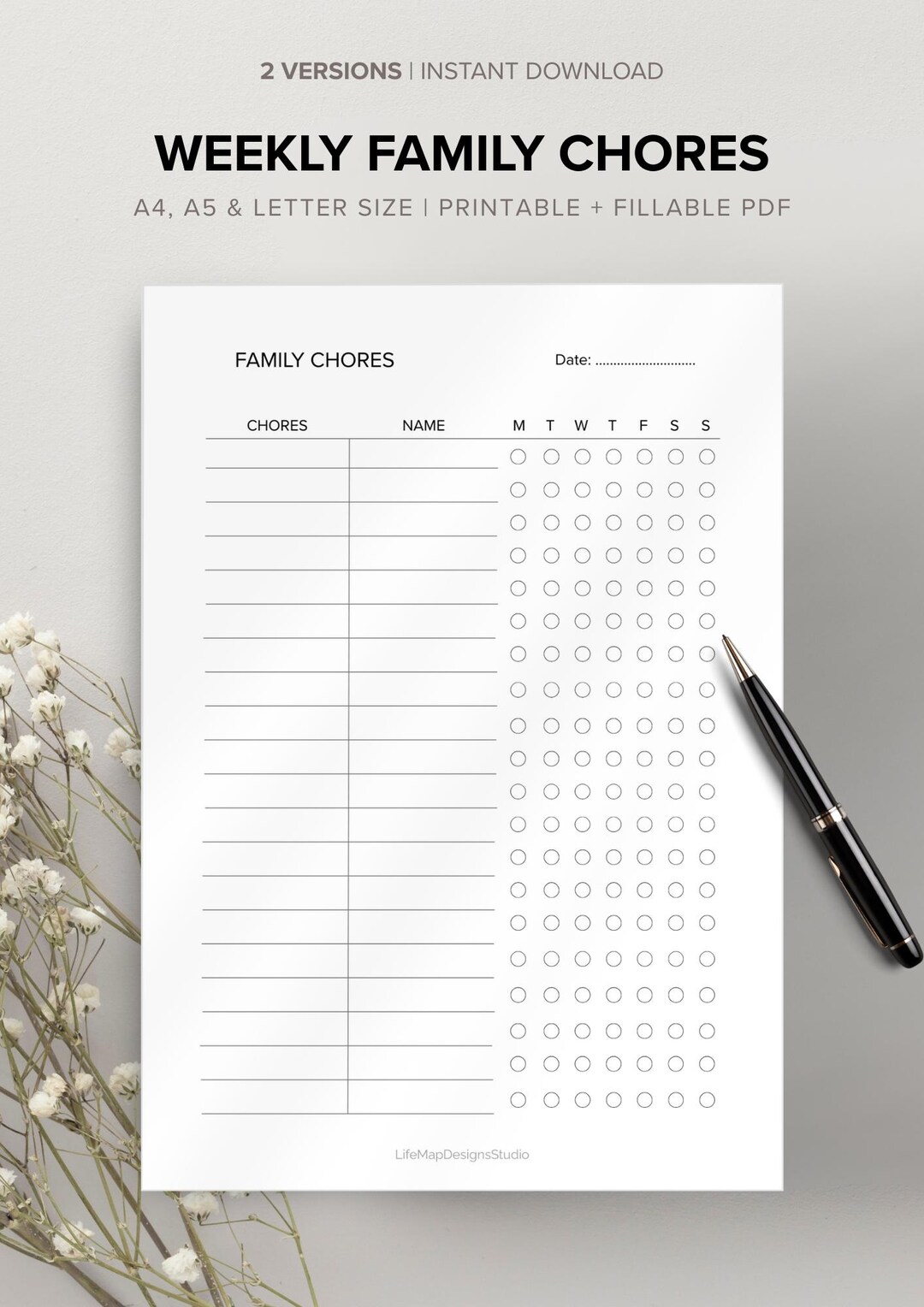 Weekly Family Chores Chart – Printable & Fillable PDF (A4, A5, Letter ...