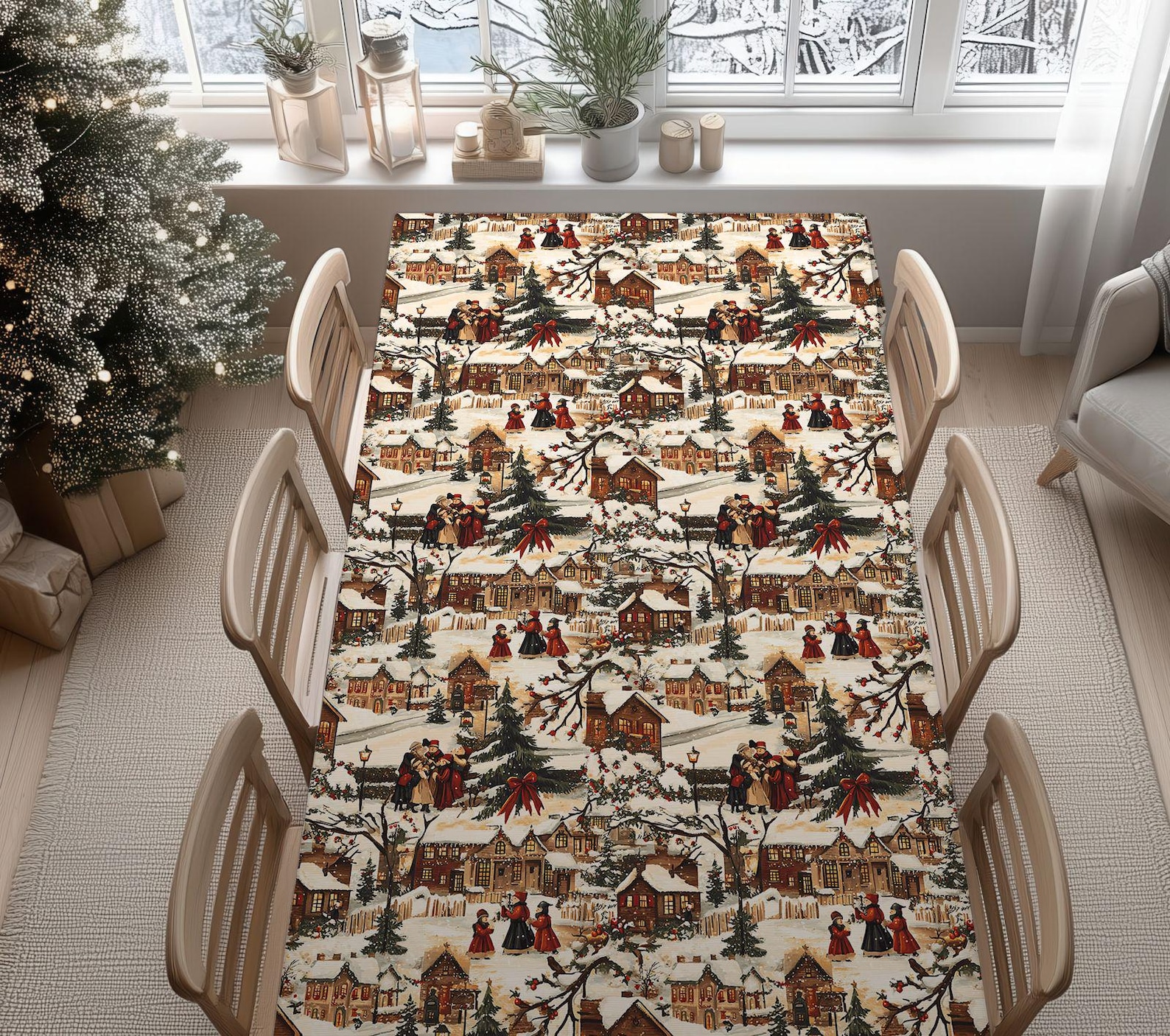 Vintage Christmas Village Tablecloth: Classic Winter Scene Dining Cover ...