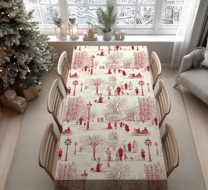 Vintage Toile Christmas Tablecloth: Red Winter Town Scene - Etsy