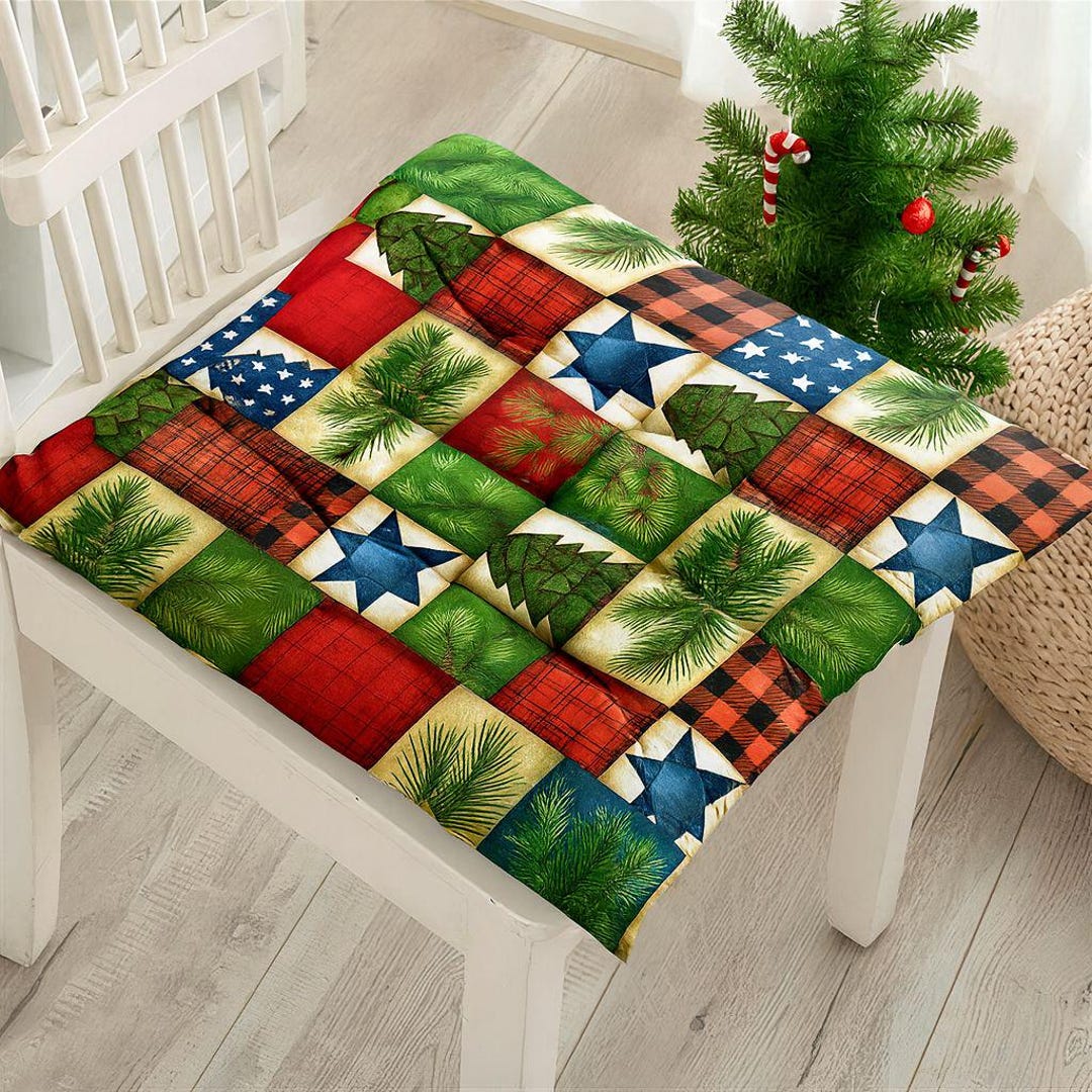 Evergreen Tree & Star Patch Chair Pad – Rustic Holiday Cushion With ...