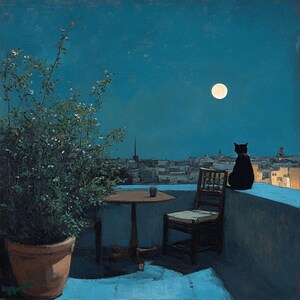 Moonlit Terrace Cat Art Print : Beside the Quiet by Kaoru Yamada - Etsy