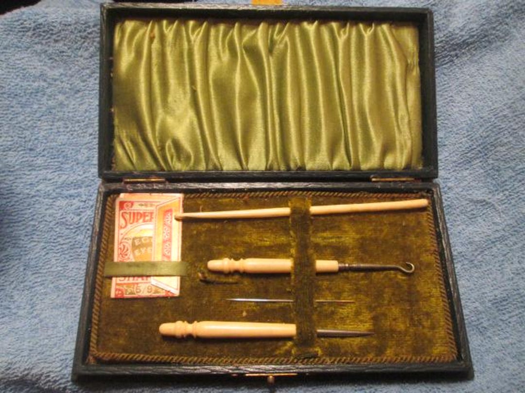19th C. or Early 20th C. Ox Bone Sewing Kit Awl Crochet Button Hook ...