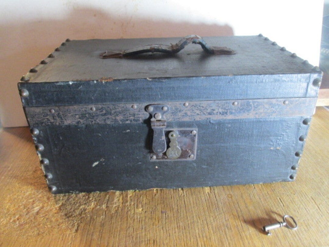 1800s Victorian Valuables Box Miniature Trunk Eagle Lock Hasp and Key ...