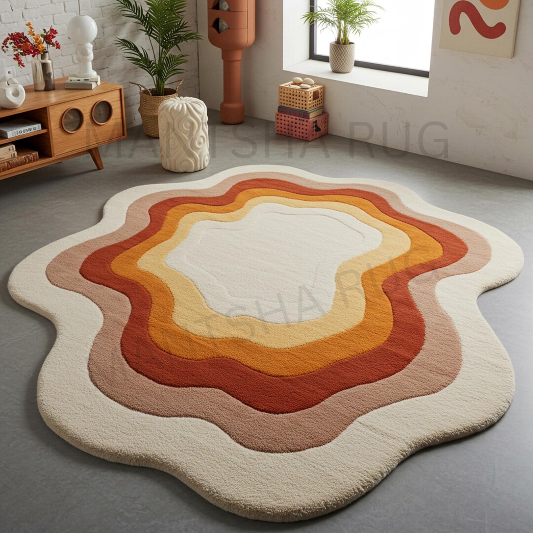 Hand Tufted Organic Wave Rug, Abstract Irregular Wool Area Rug in Cream ...