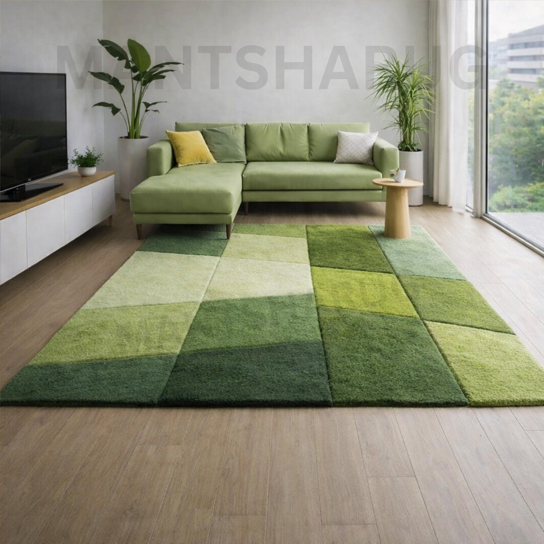 Hand Tufted Wool Green Check Area Rug 8x10 Modern Living Rooms Elegant ...