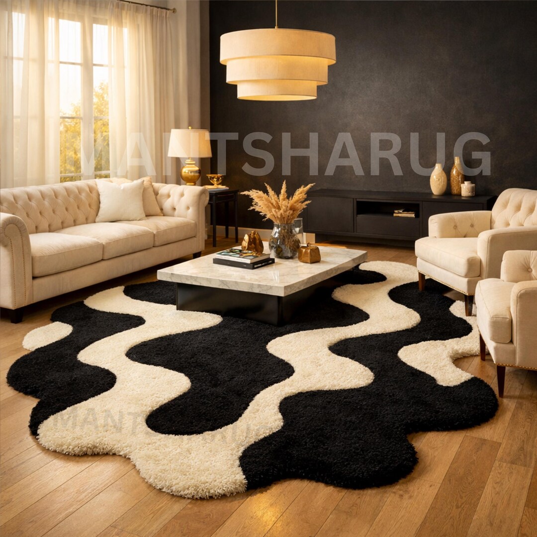 Aurora Flow Hand-tufted Wool Rug Irregular White & Deep Black 8X8 ...