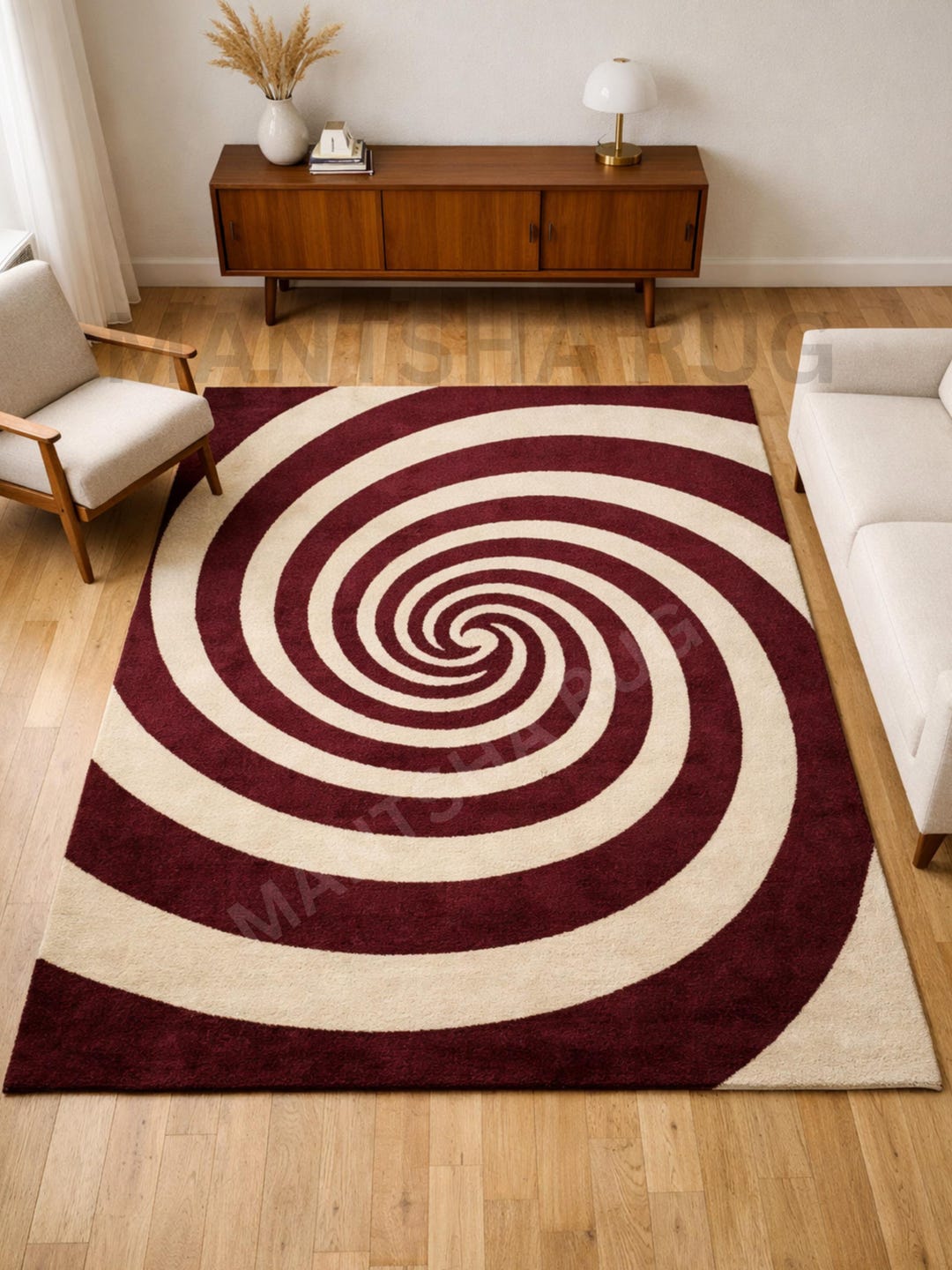 Handmade Spiral Wool Rug, Burgundy & Ivory Swirl Area Carpet, Modern ...