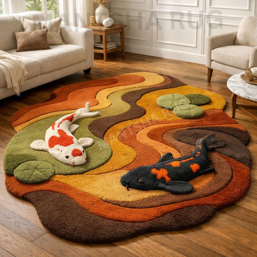 Handmade Koi Pond Wool Rug, Abstract Organic Shape, 5-color Tufted Cut ...