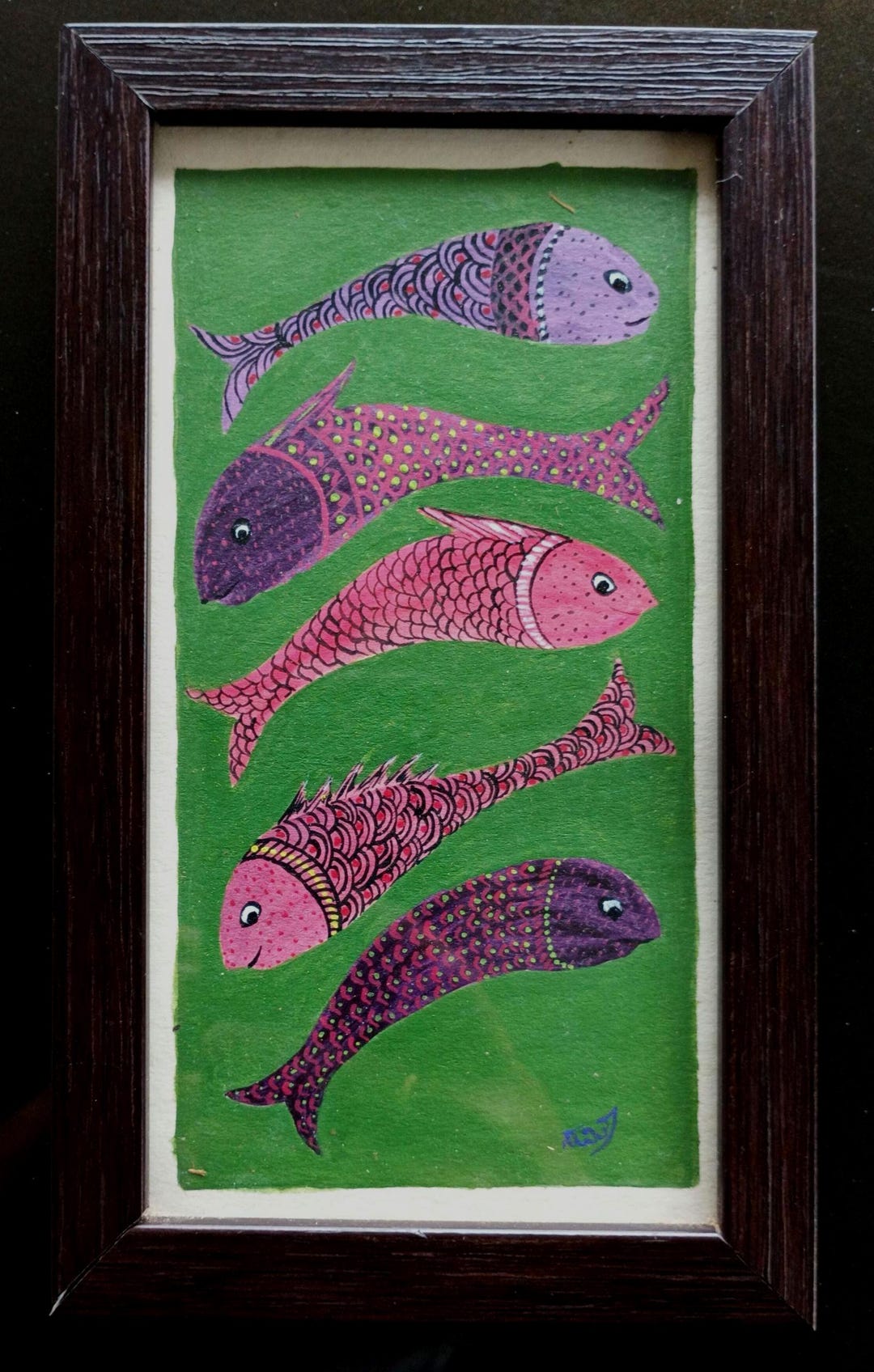 Handmade Gond Tribal Folk Art Painting - Fish Symbol of Fortune, Indian ...