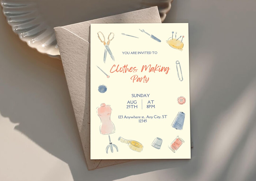Watercolor Sewing Party Invitation, Editable Canva Clothes Making ...