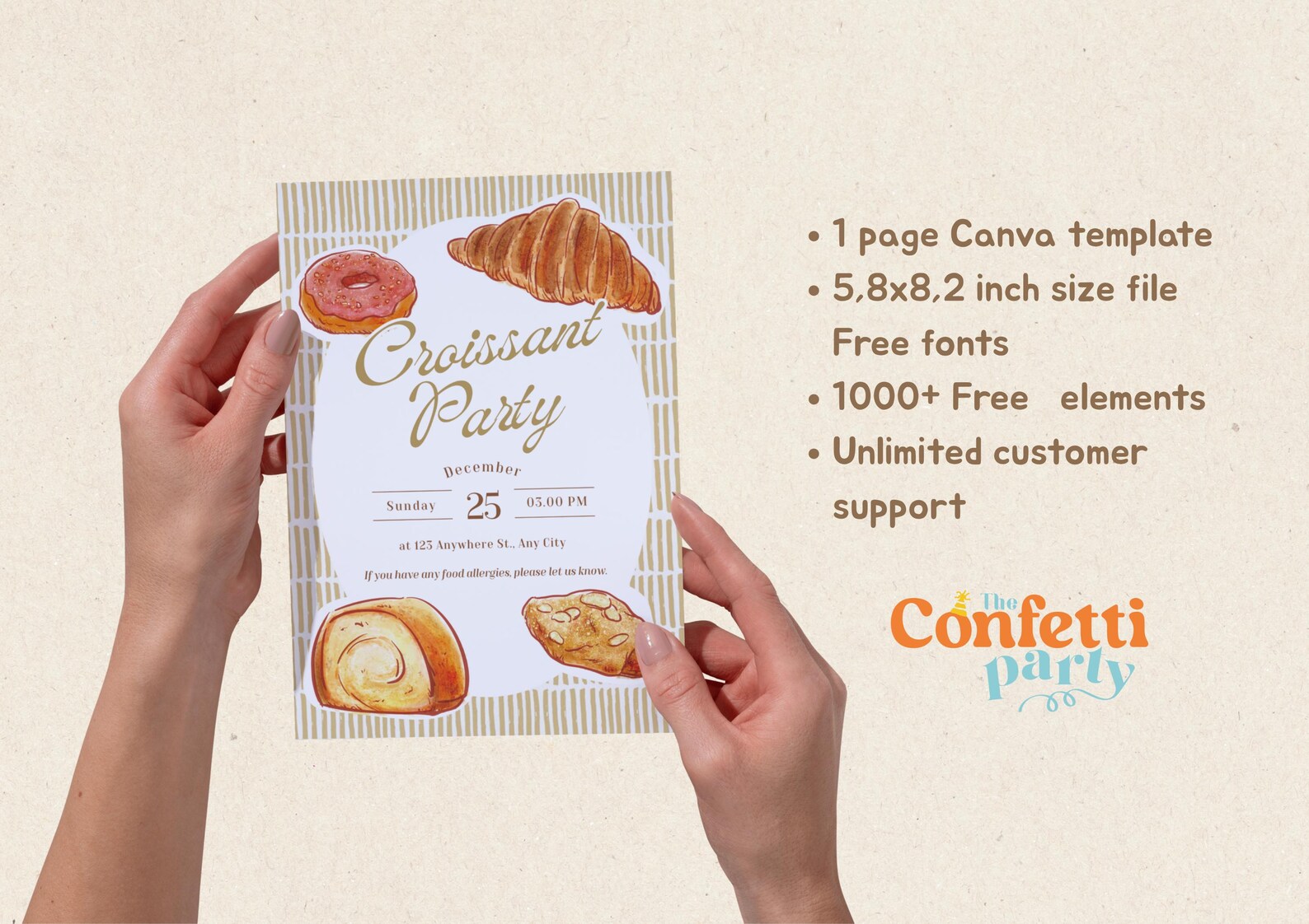 Watercolor Croissant Party Invitation | Bakery Brunch Canva Template ...