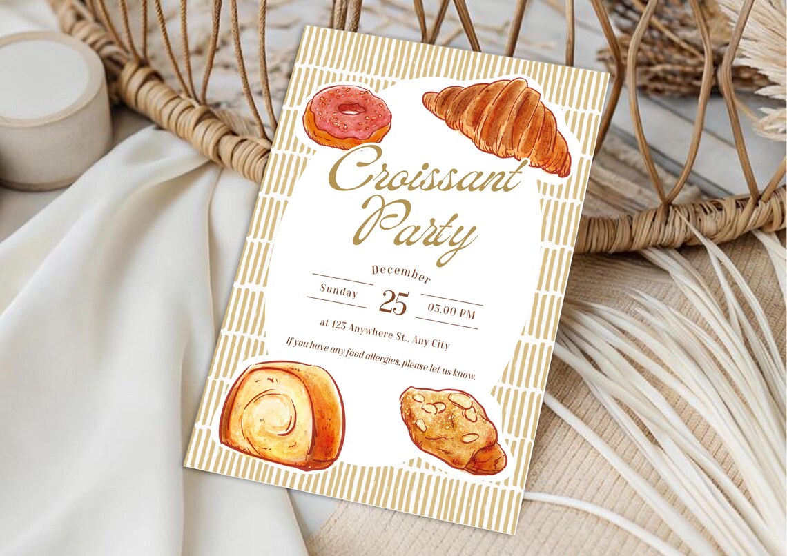 Watercolor Croissant Party Invitation | Bakery Brunch Canva Template ...