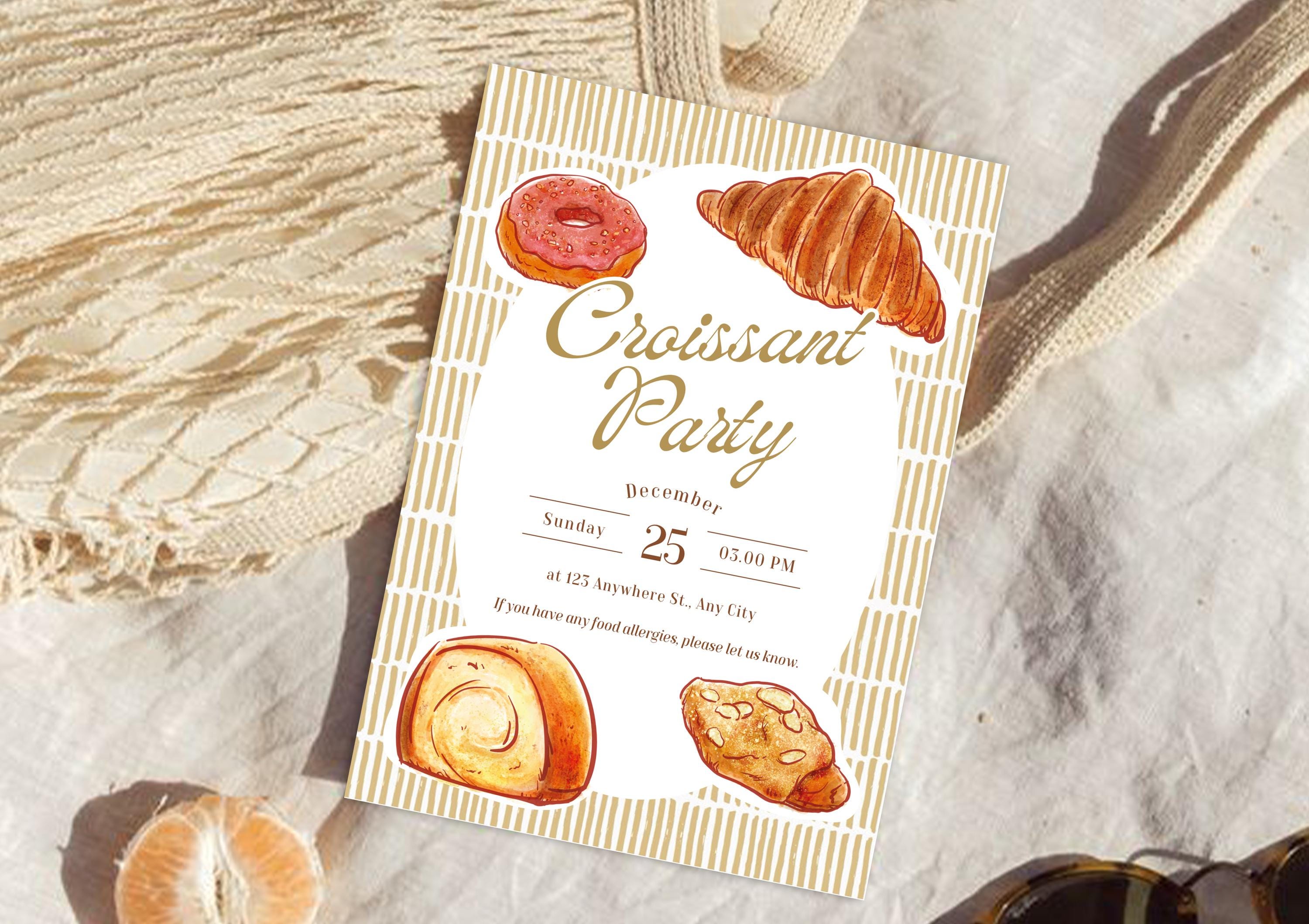 Watercolor Croissant Party Invitation | Bakery Brunch Canva Template ...