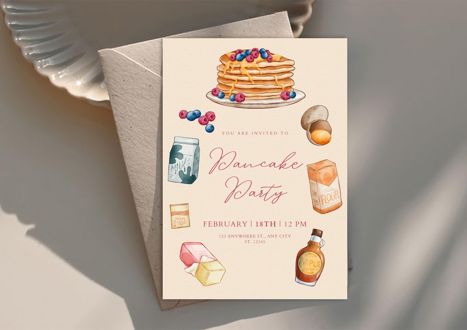 Watercolor Pancake Party Invitation: Editable Canva Template (digital ...