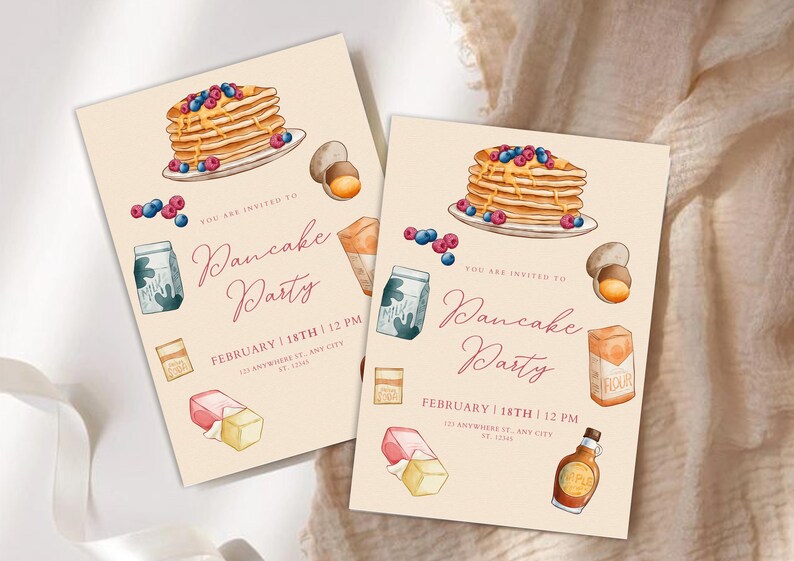 Watercolor Pancake Party Invitation: Editable Canva Template (digital ...