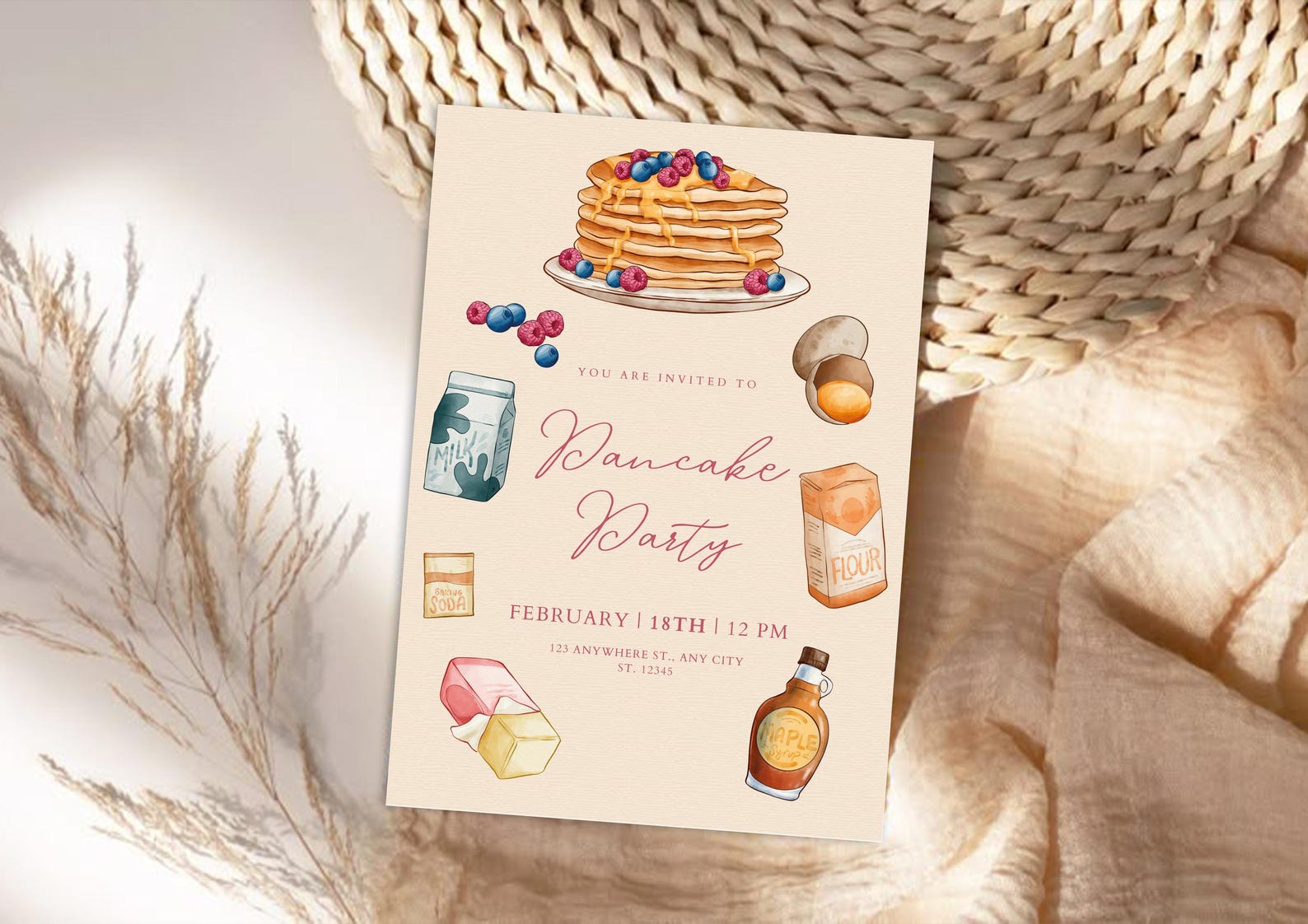 Watercolor Pancake Party Invitation: Editable Canva Template (digital ...