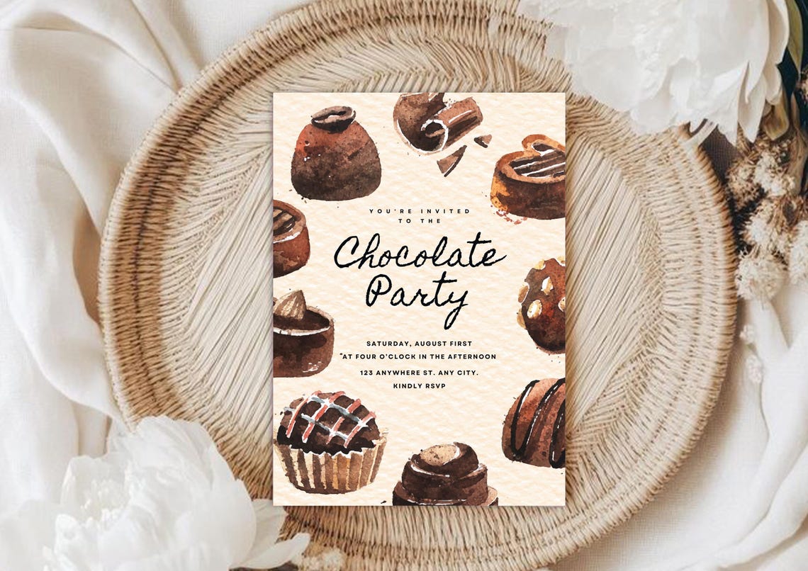 Watercolor Chocolate Party Invitation: Editable Canva Template (digital ...