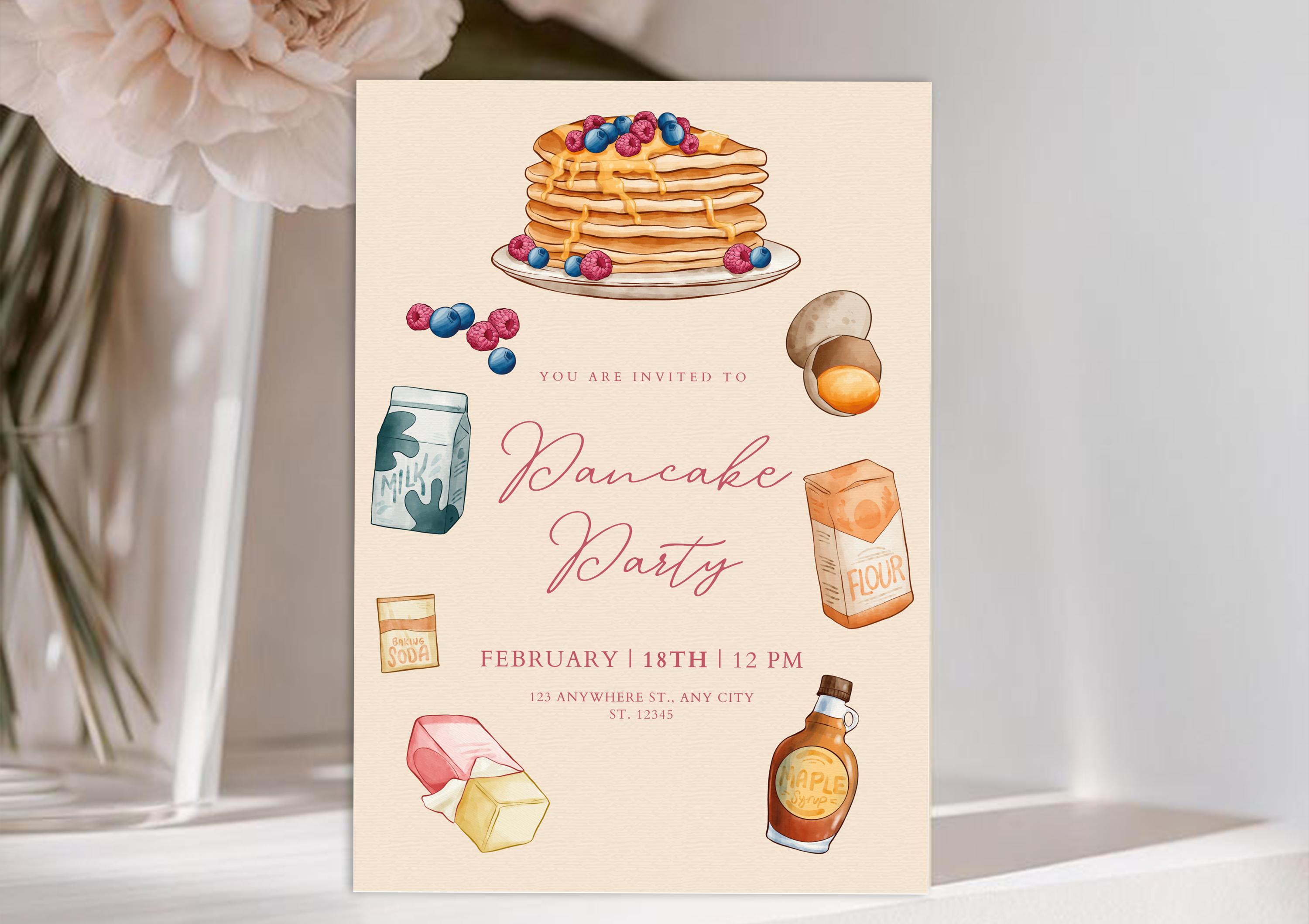 Watercolor Pancake Party Invitation: Editable Canva Template (digital ...