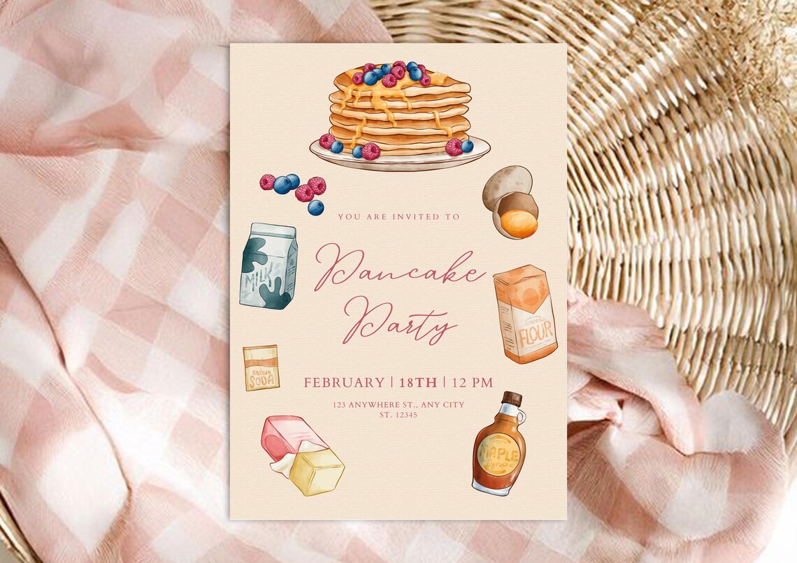 Watercolor Pancake Party Invitation: Editable Canva Template (digital ...