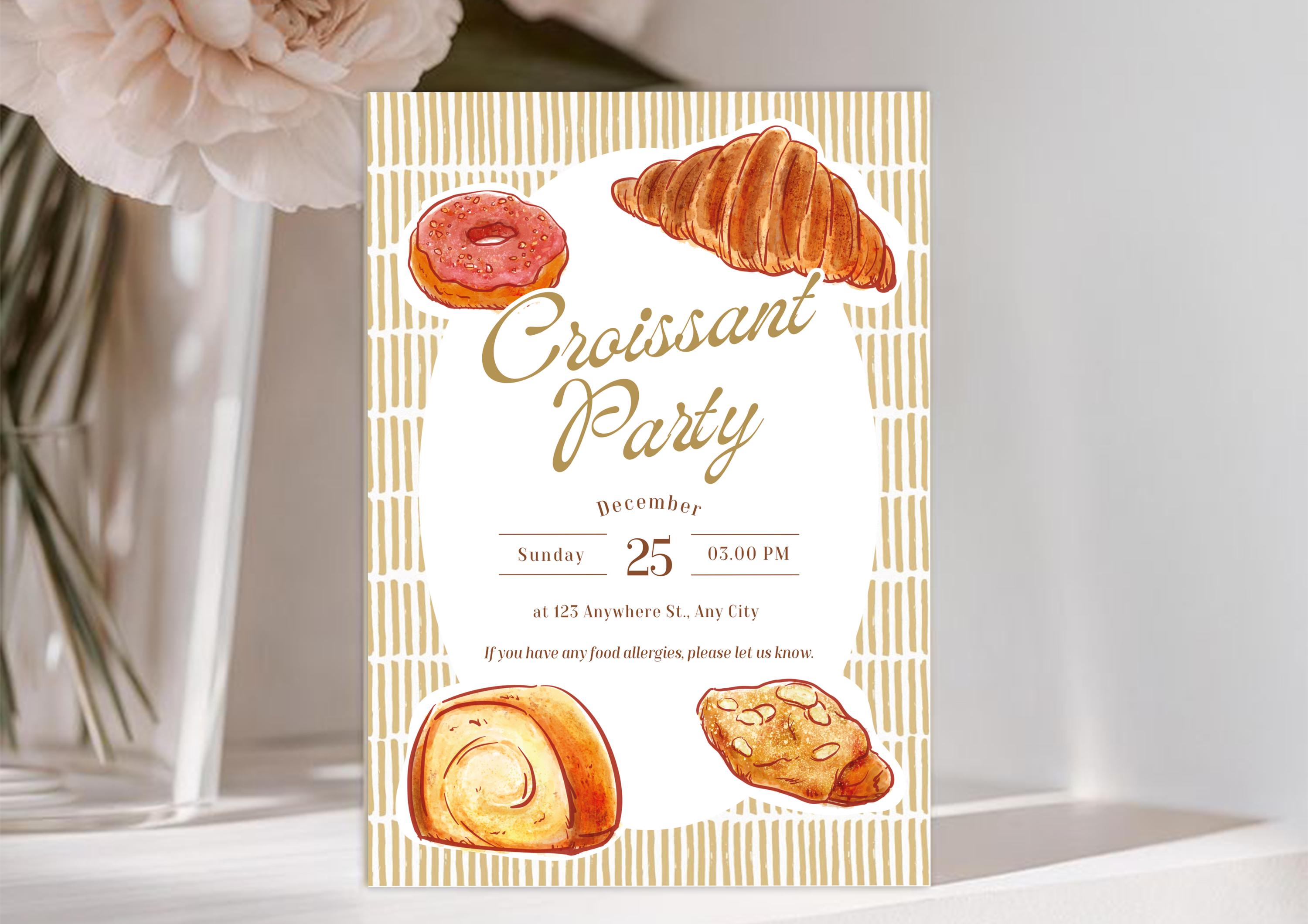 Watercolor Croissant Party Invitation | Bakery Brunch Canva Template ...