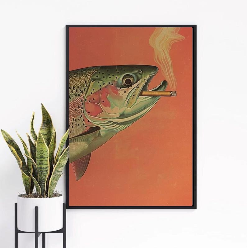 Vintage Trout Smoking a Cigarette Poster Funny Whimsical Wall Art ...