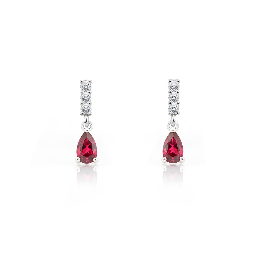 14K Gold Ruby Drop Earrings / Pear Cut Ruby Earrings / Diamond Earrings ...