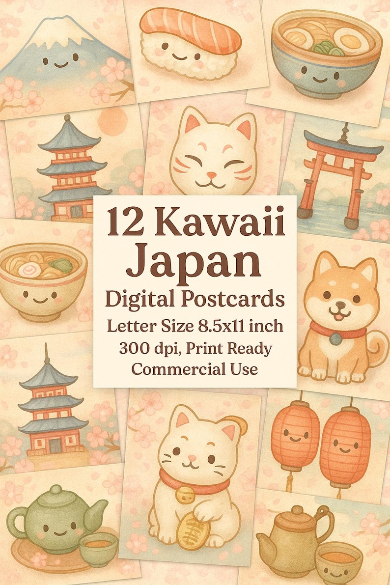 12 Kawaii Japan Postcards | Printable Greeting Cards | Letter Size 8 ...