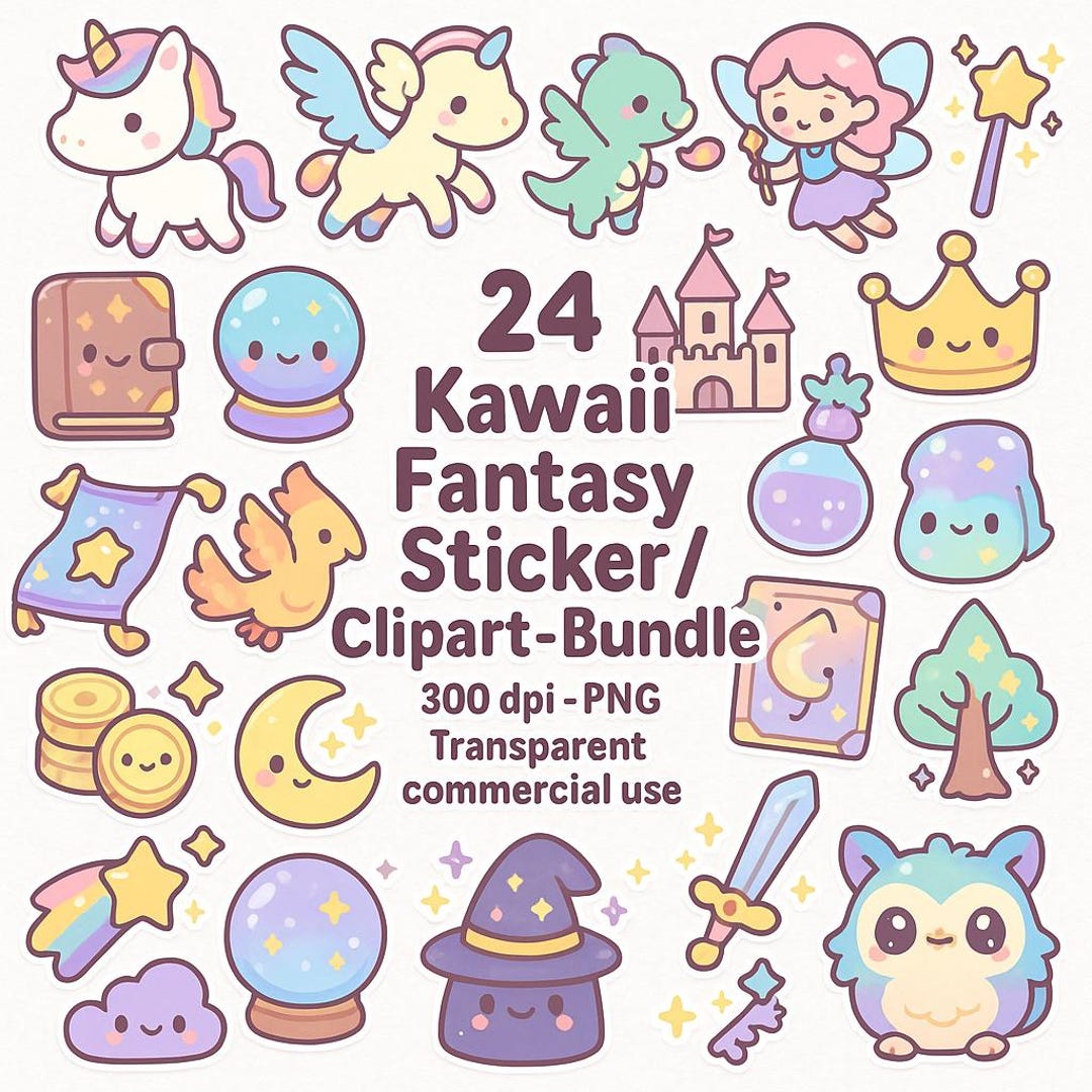 24 Magical Fantasy Clipart Bundle | Cute Kawaii Stickers PNG | 300 DPI ...