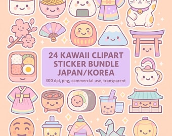 24 Japan Clipart Bundle | Cute Kawaii Stickers PNG | 300 DPI ...