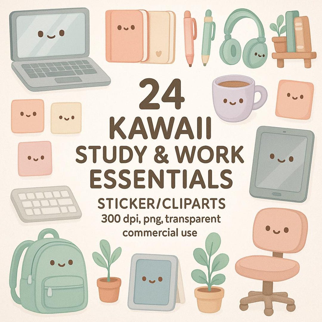 24 Kawaii Study & Work Cliparts | Colorful Workspace PNG Bundle | 300 ...