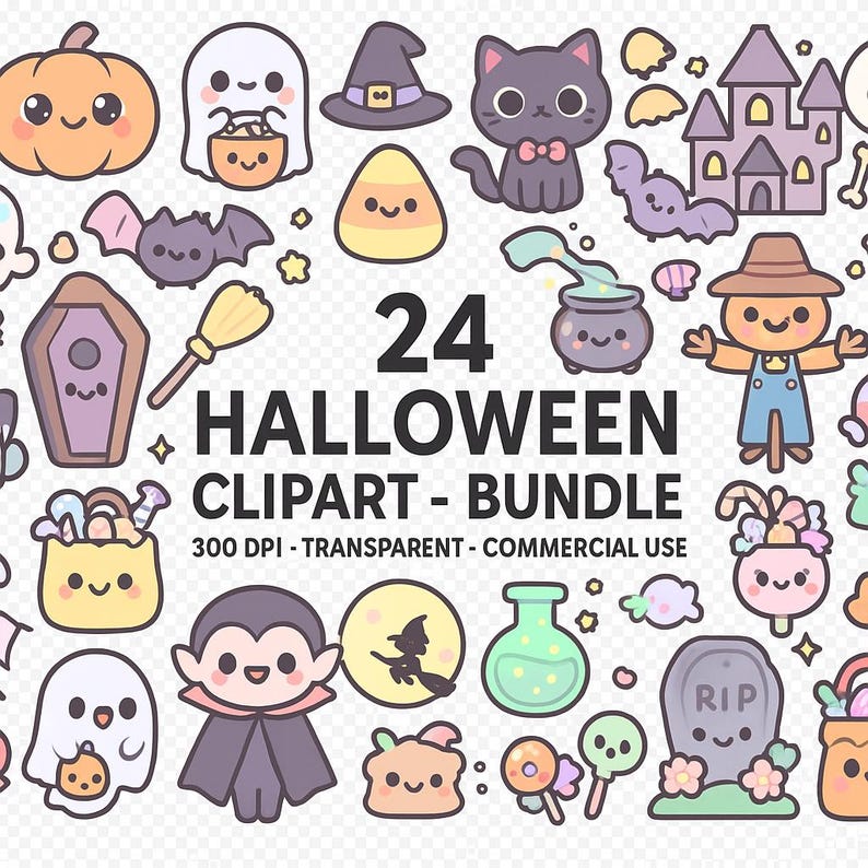 24 Halloween Clipart Bundle | Cute Kawaii Stickers PNG | 300 DPI ...