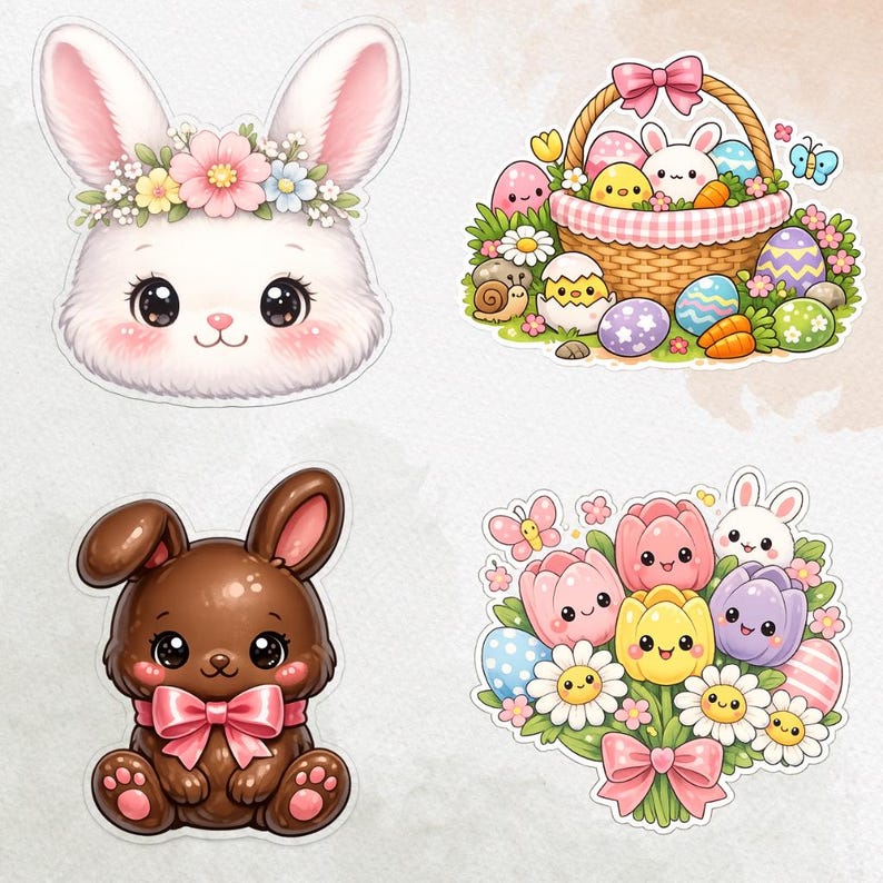 24 Kawaii Easter Stickers Cliparts | Bunny & Eggs PNG Bundle | 300 DPI ...