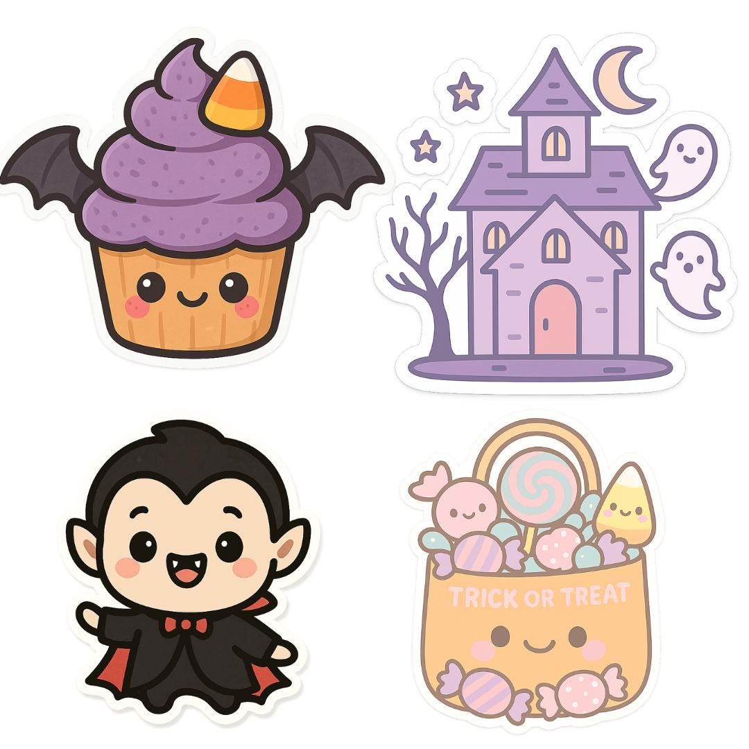 24 Halloween Clipart Bundle | Cute Kawaii Stickers PNG | 300 DPI ...