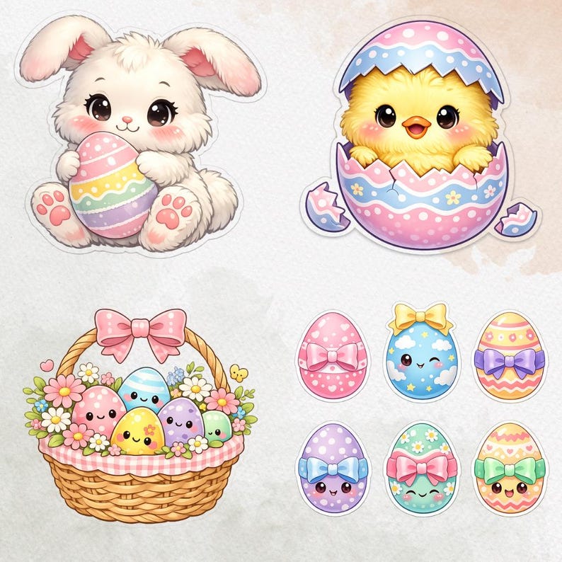 24 Kawaii Easter Stickers Cliparts | Bunny & Eggs PNG Bundle | 300 DPI ...