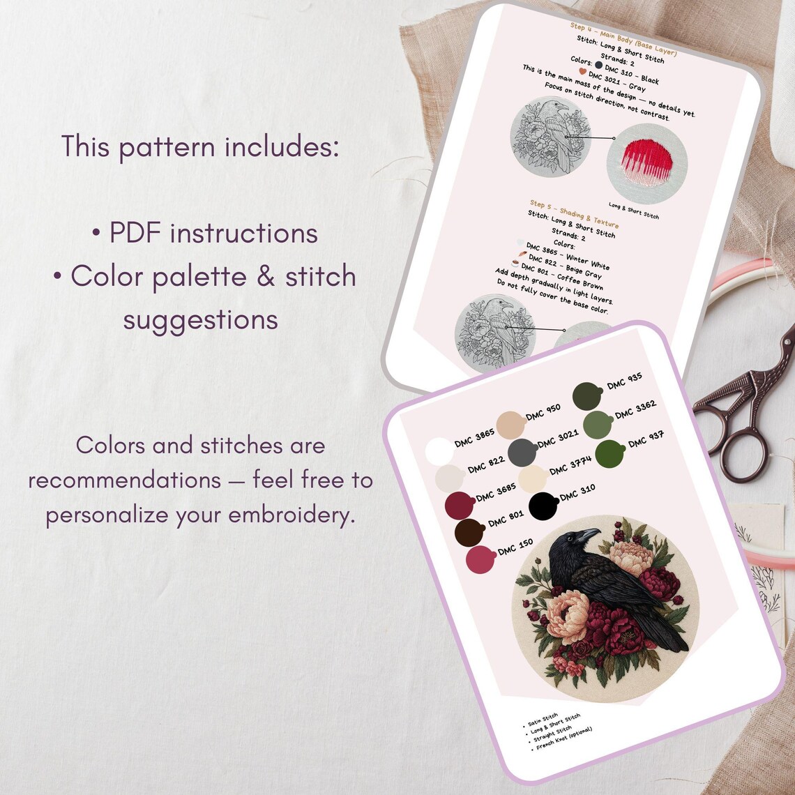 Raven Embroidery Pattern: Gothic Floral Hoop Art (PDF Digital Download ...