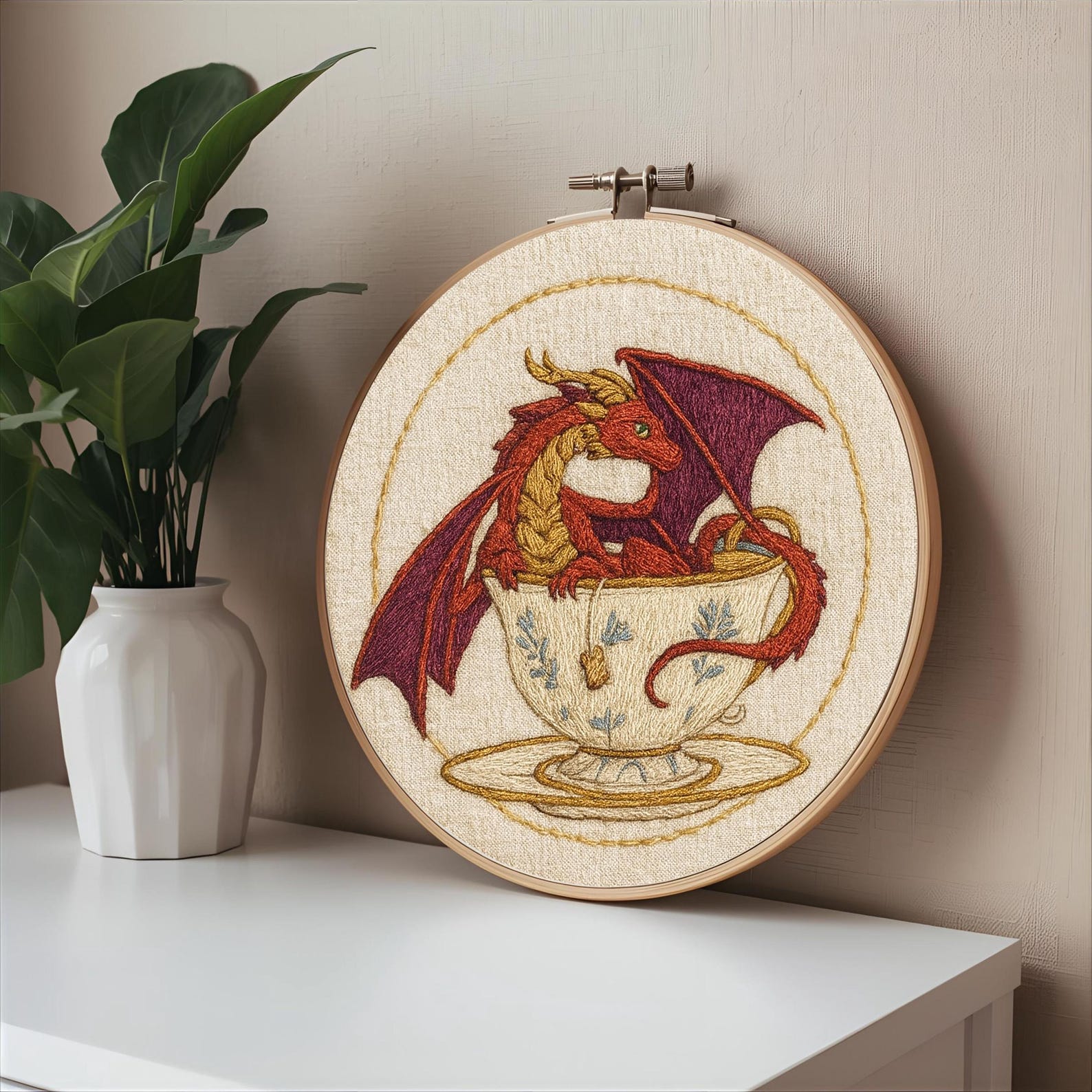 Dragon in Teacup Embroidery Pattern | Fantasy Hoop Art (PDF) - Etsy