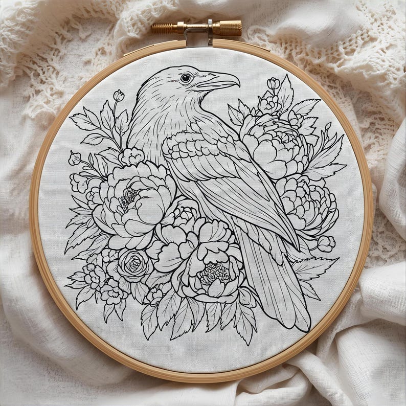 Raven Embroidery Pattern: Gothic Floral Hoop Art (PDF Digital Download ...