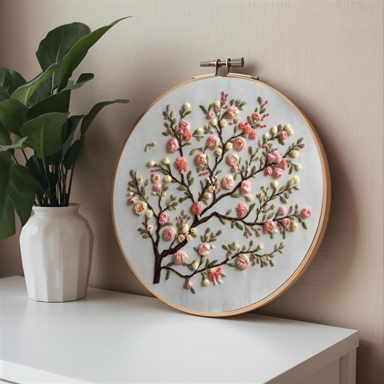 Pastel Blossom Branch Embroidery Pattern | Flowering Tree Branch Design ...