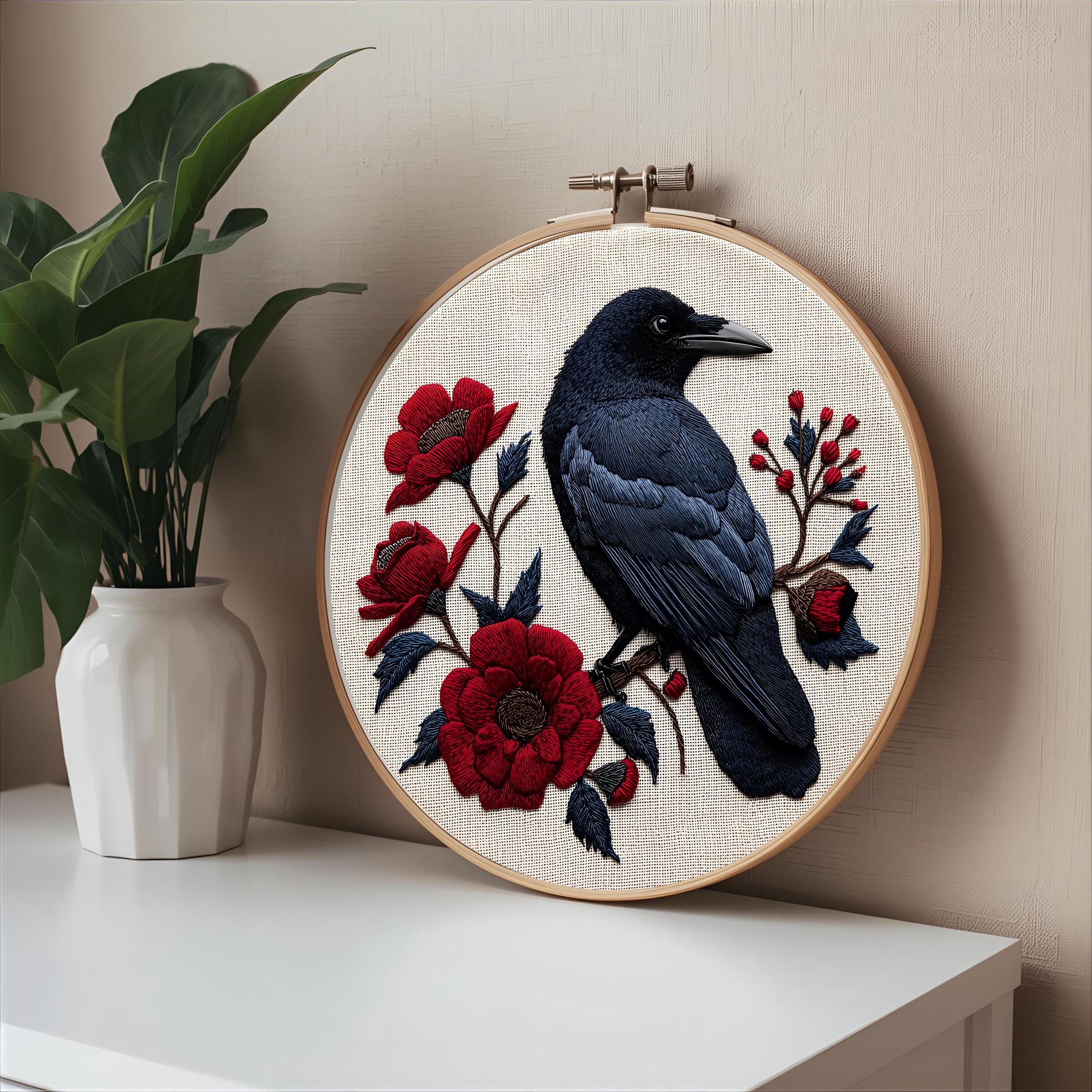 Raven & Floral Branch Embroidery Pattern: Gothic Hoop Art (PDF Download ...