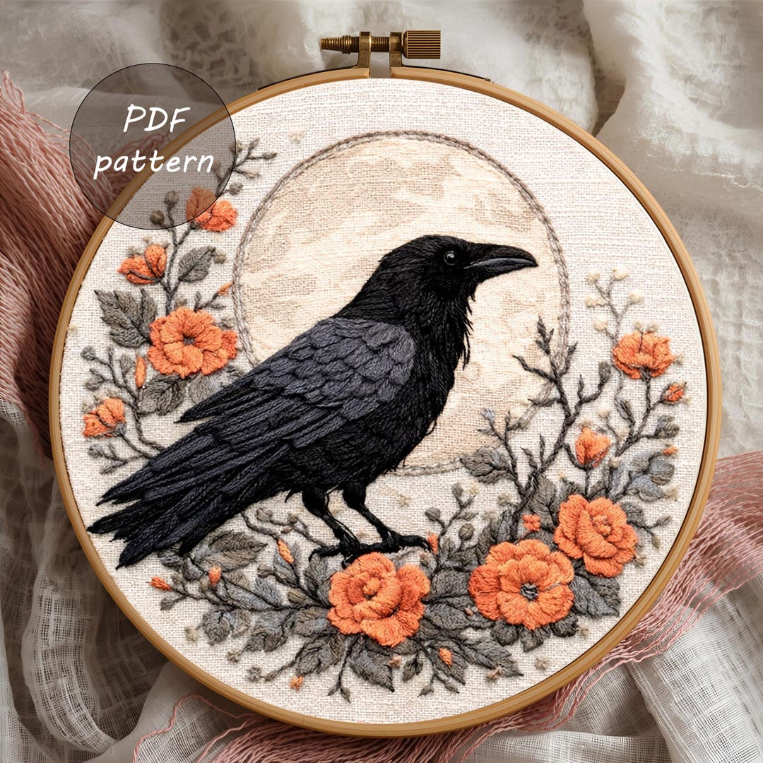 Raven Embroidery Pattern: Gothic Floral Hoop Art (PDF Digital Download ...